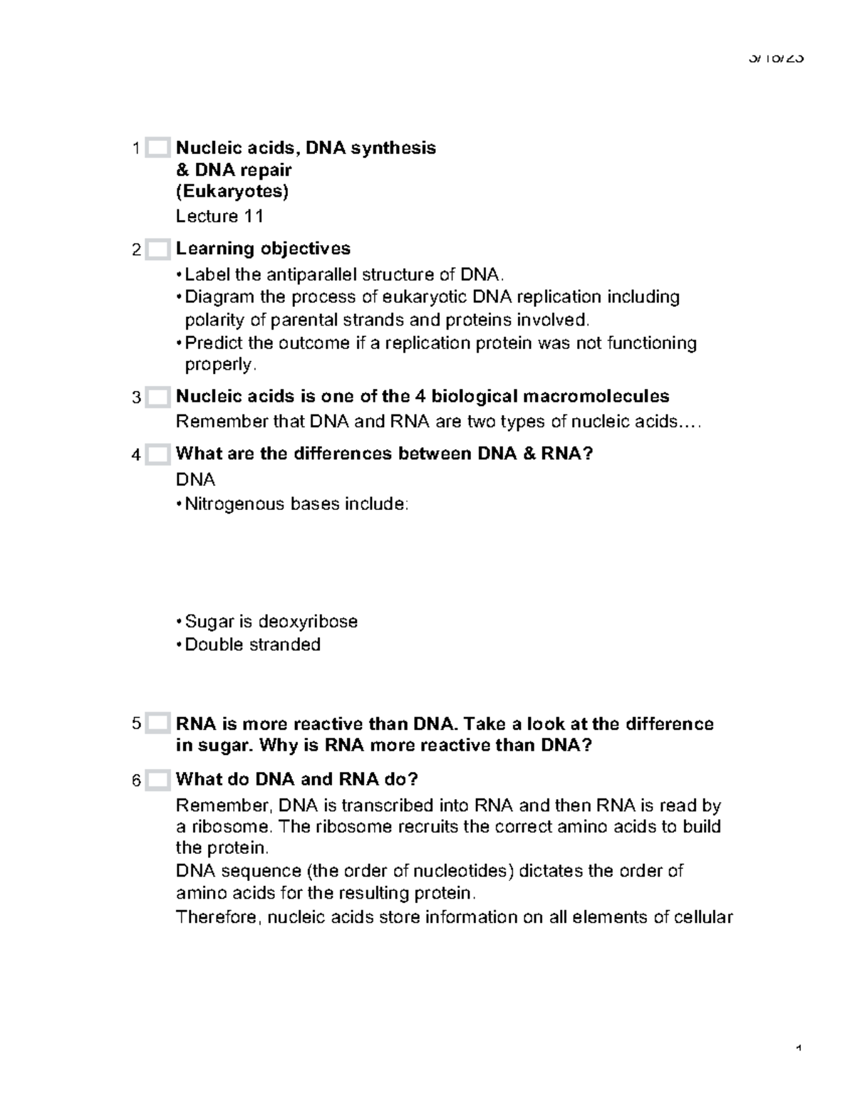 11``1 - DNA Notes - 3/18/ 1 Nucleic acids, DNA synthesis & DNA repair ...