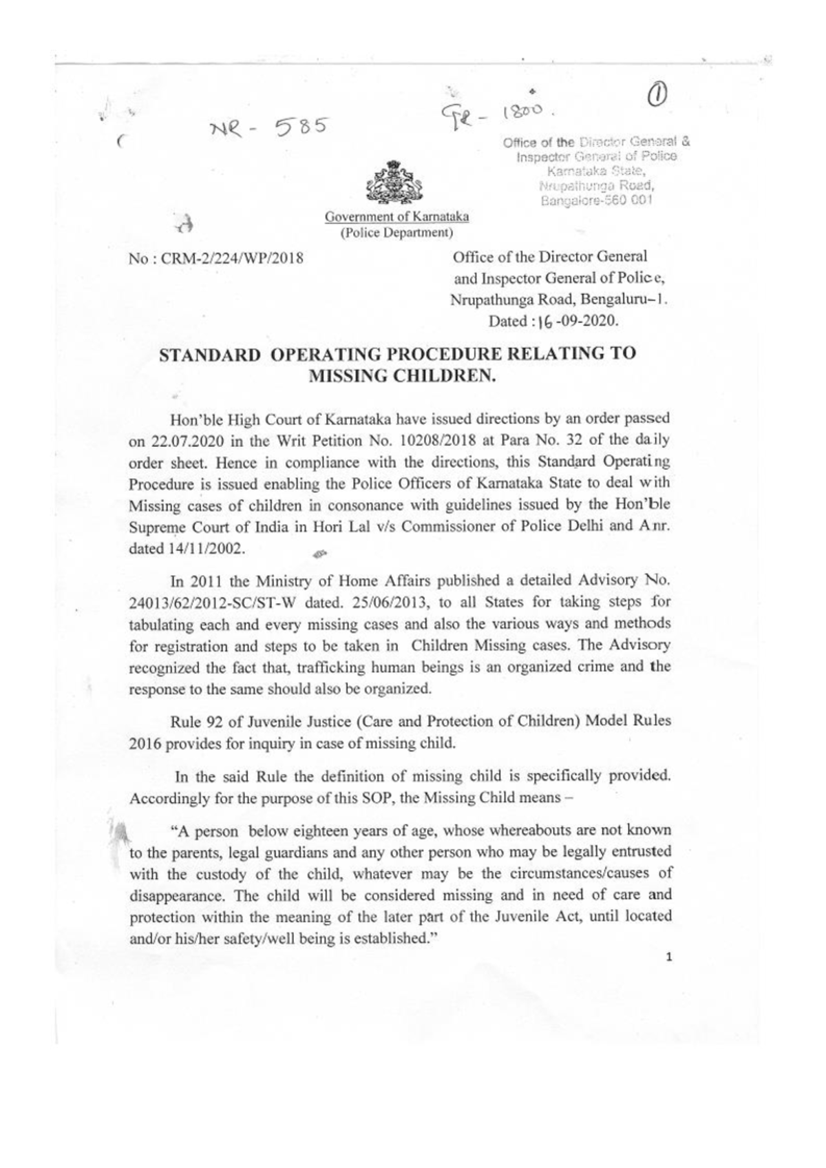 sop for missing child in india for children - 1 1800 585 Office of the ...