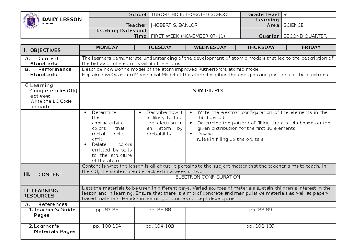 DLL Science 9 WEEK 1 Second Quarter - School TUBO-TUBO INTEGRATED ...