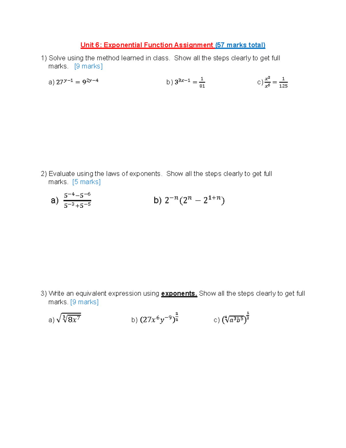 Unit 6 Assignment - Unit 6: Exponential Function Assignment (57 marks ...