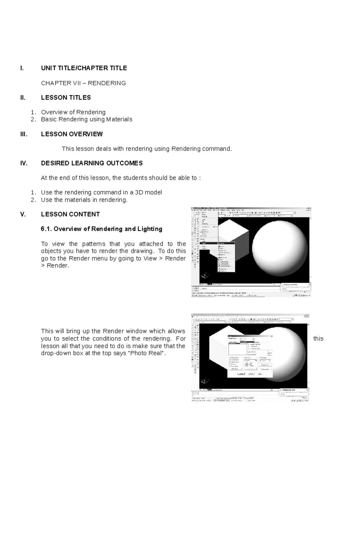 computer-aided design chapter 7 - I. UNIT TITLE/CHAPTER TITLE CHAPTER VII – RENDERING II. LESSON ...