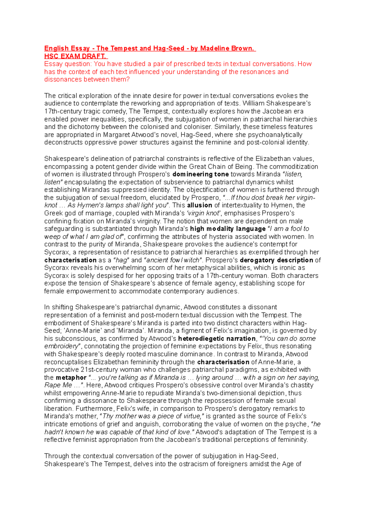 English Essay - hag seed - English Essay - The Tempest and Hag-Seed ...