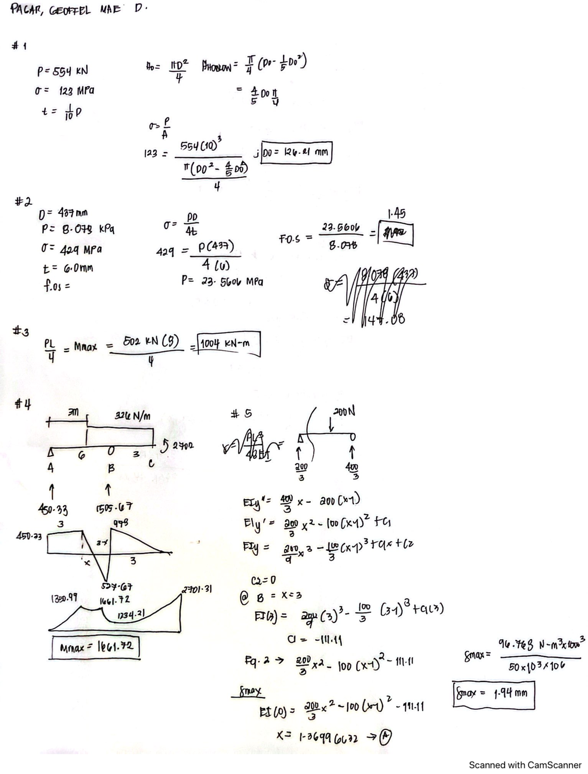 QUIZ-3-2 - Solution - PACAR, GEOFFEL MAE D. # 1 p= 554 KN Ho= HD2 ...