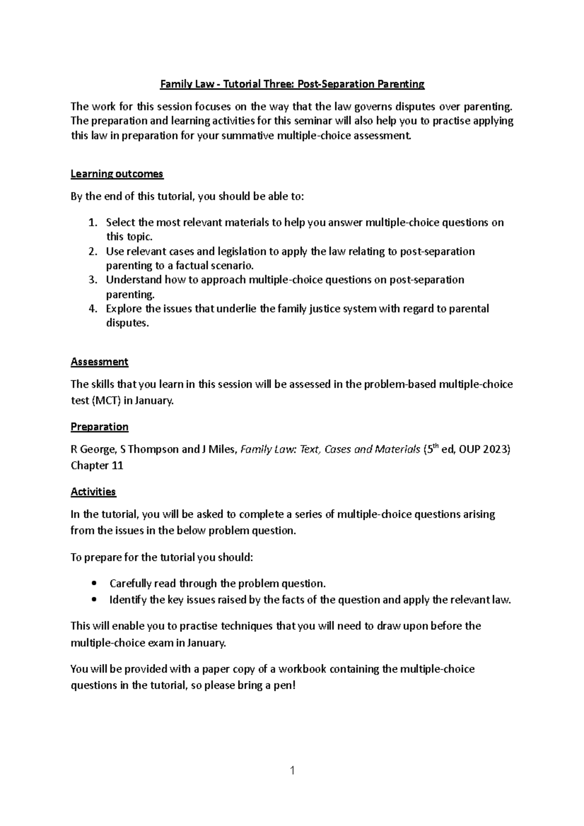 Tutorial 3 - Post-separation parenting - Family Law - Tutorial Three ...