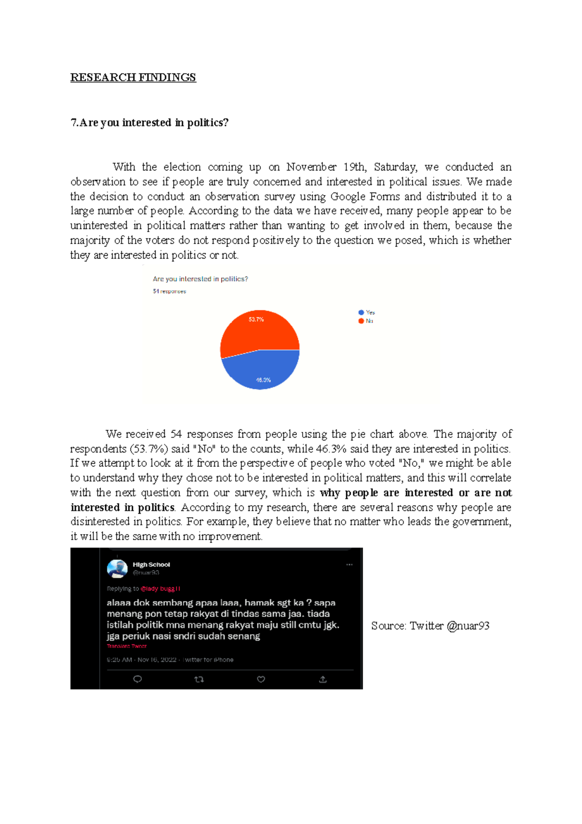 PRO221- Research Findings, 789 3 - RESEARCH FINDINGS 7 you interested in politics? With the ...