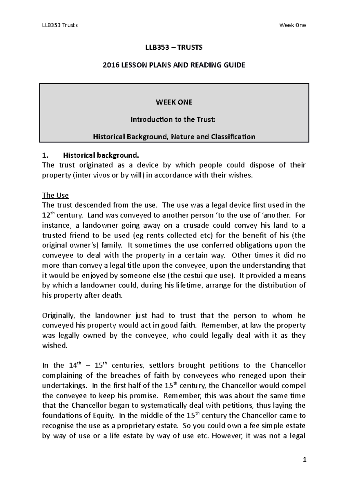 Lesson Plan Week 1 - Murdoch University LLB Trusts Robyn Honey - LLB353 ...