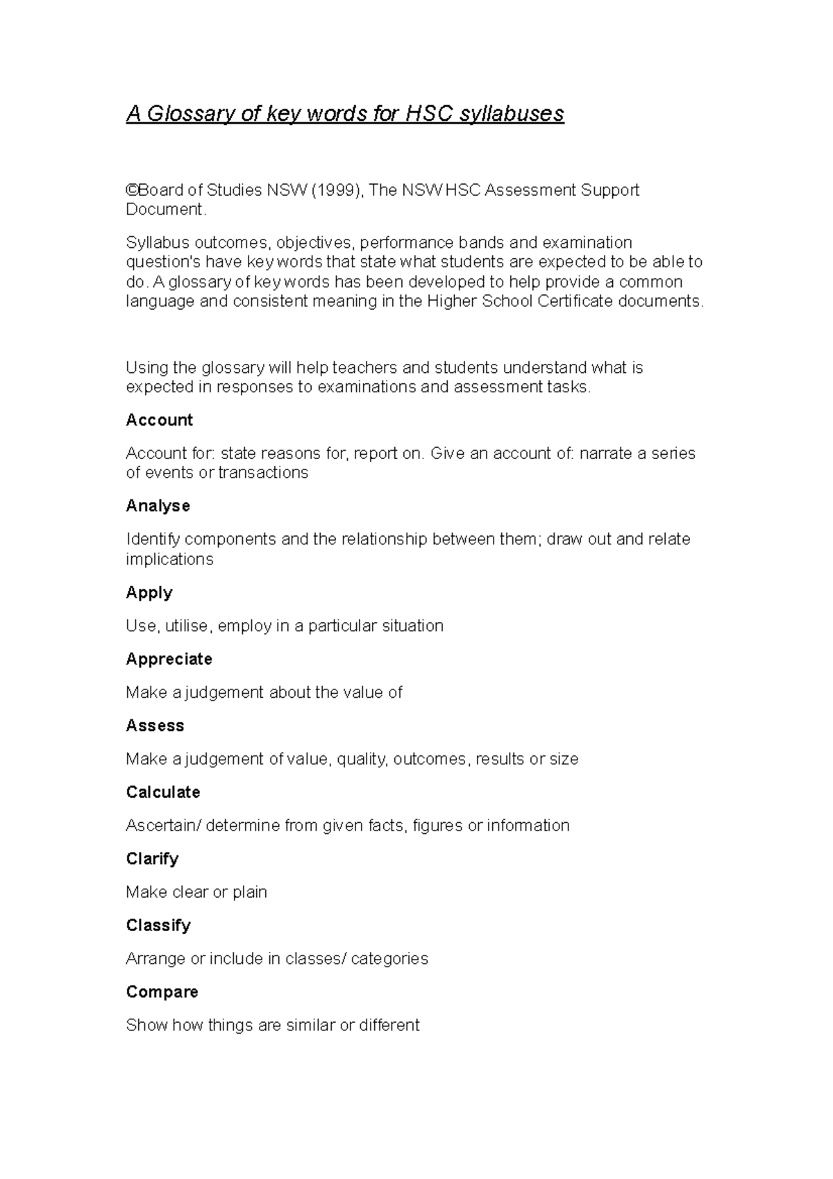 Directive terms - A Glossary of key words for HSC syllabuses ©Board of ...