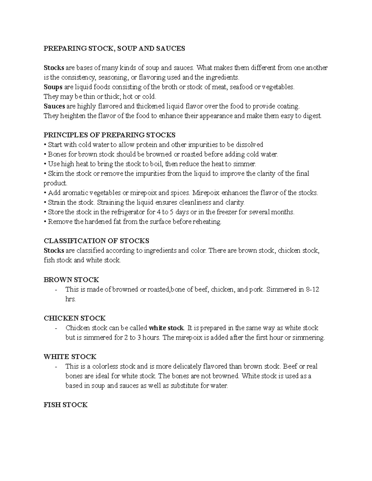 KEBF- Lecture - PREPARING STOCK, SOUP AND SAUCES Stocks are bases of ...