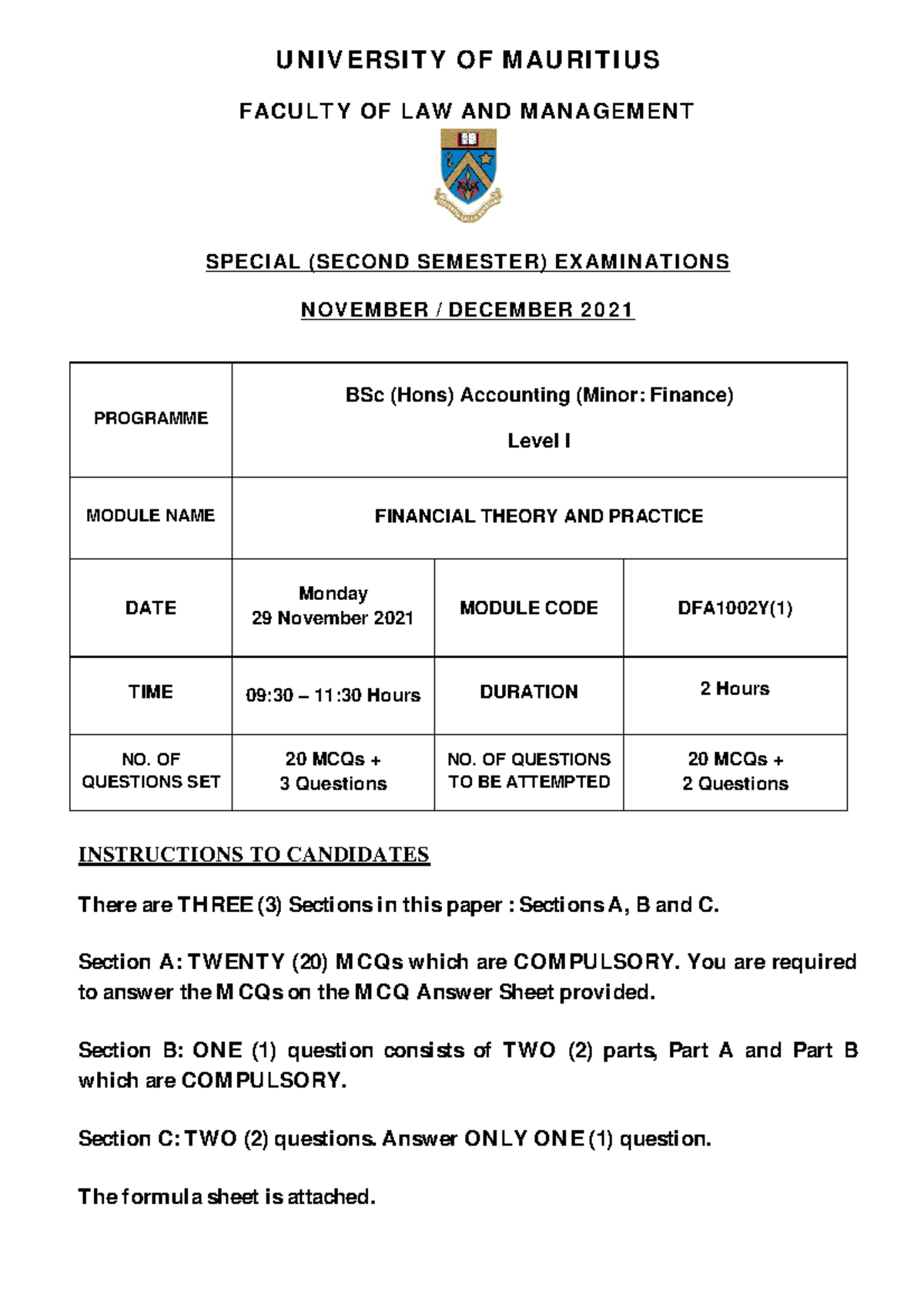 Financial Theory and Practice Nov Dec 2021 - UNIVERSITY OF MAURITIUS ...