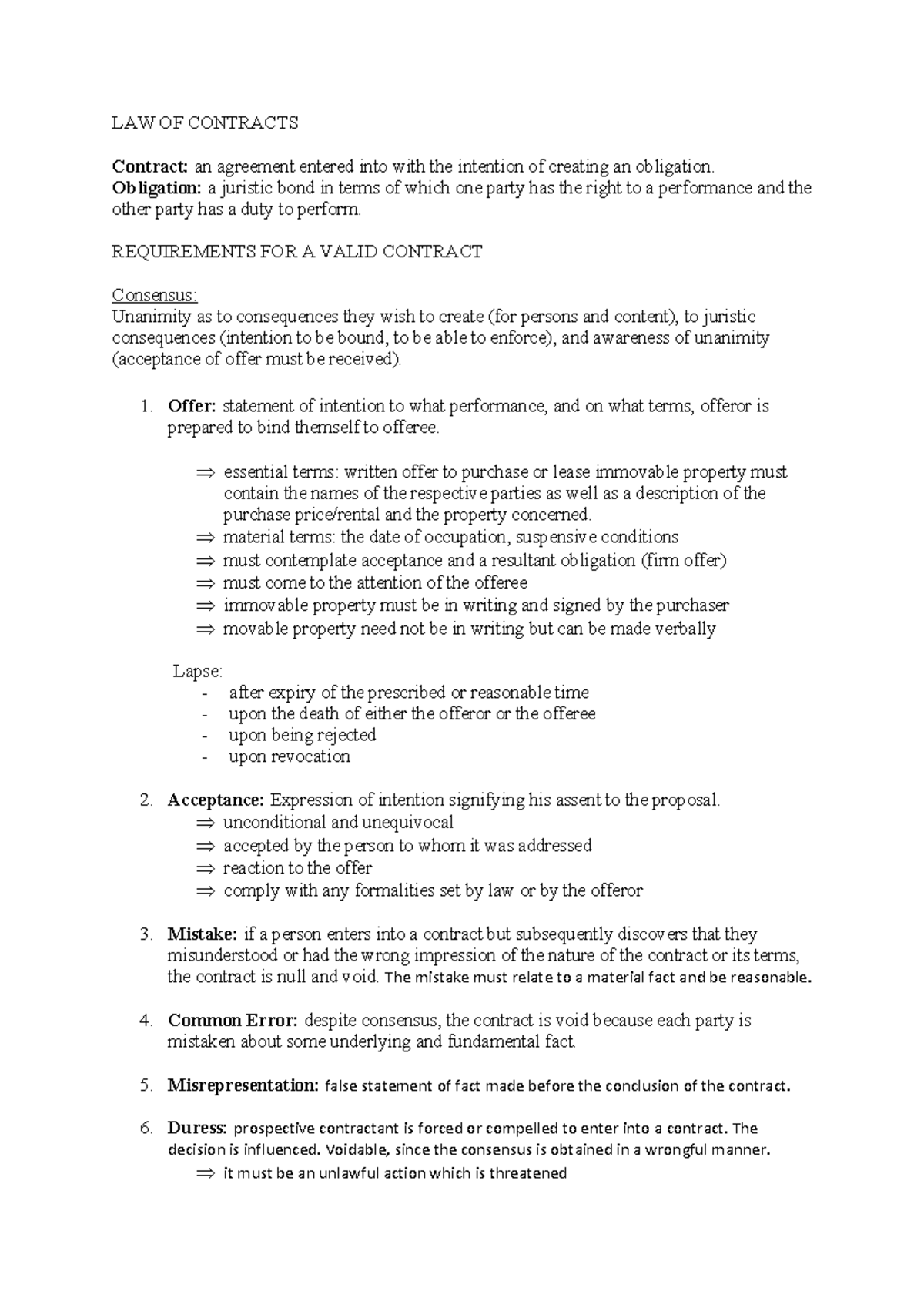 LAW OF Contracts - LAW OF CONTRACTS Contract: an agreement entered into ...