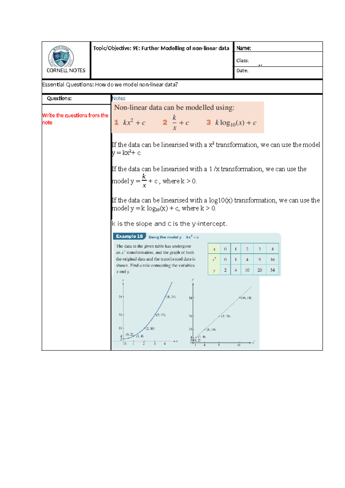 Chapter 9E - Further Modelling of non-linear data - Topic/Objective: 9E ...