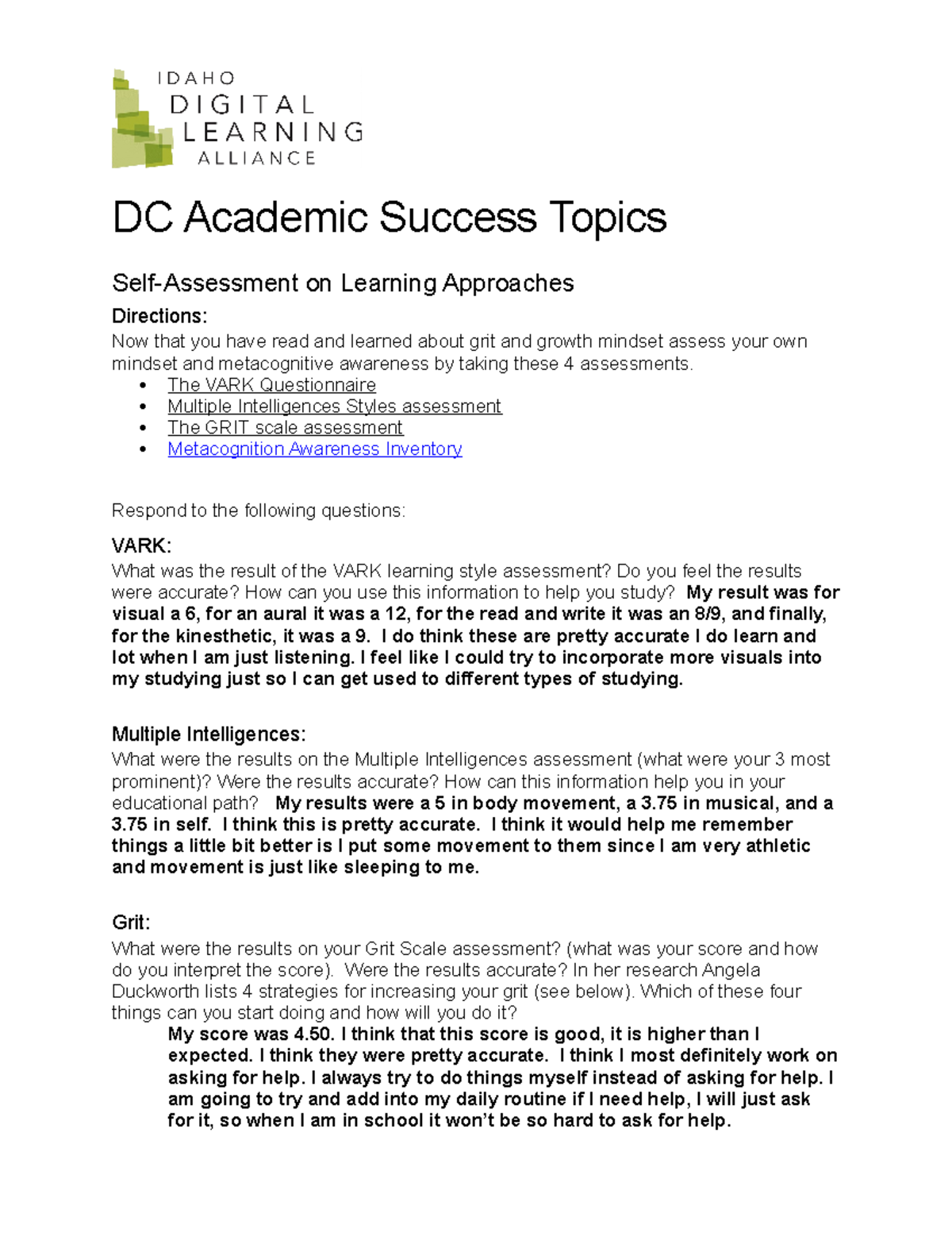 U5A2Self Assessments On Learning Approachescorrect one - DC Academic ...