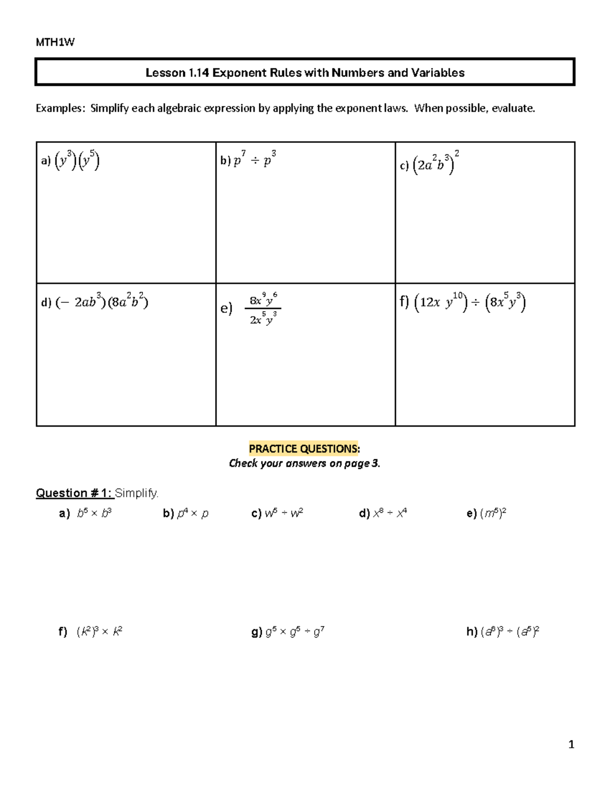 1.14 Exponent Rules with Numbers and Variables - MTH1W Lesson 1 ...