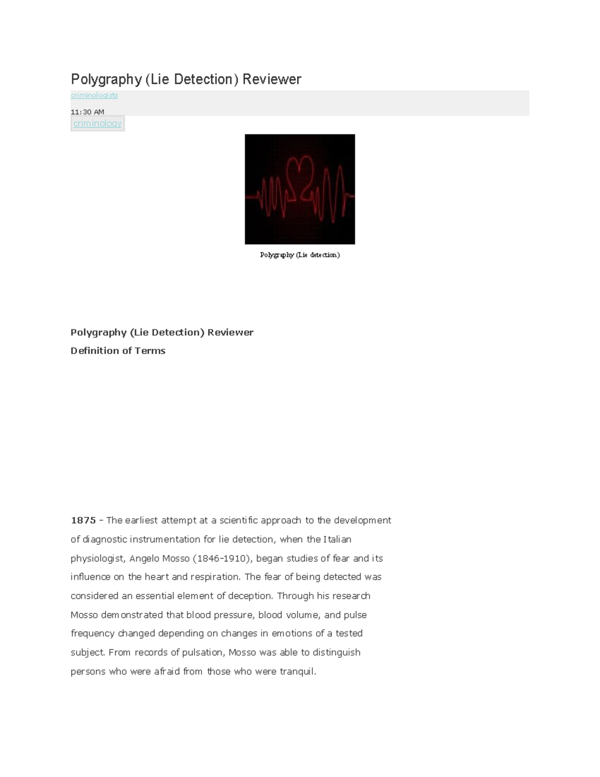 Polygraphy - Notes - Polygraphy (Lie Detection) Reviewer criminologists ...