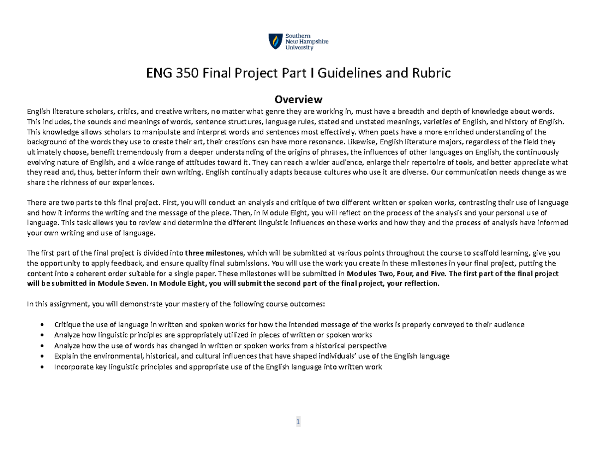 ENG 350 Final Project Part I Guidelines and Rubric - This includes, the sounds and meanings of ...