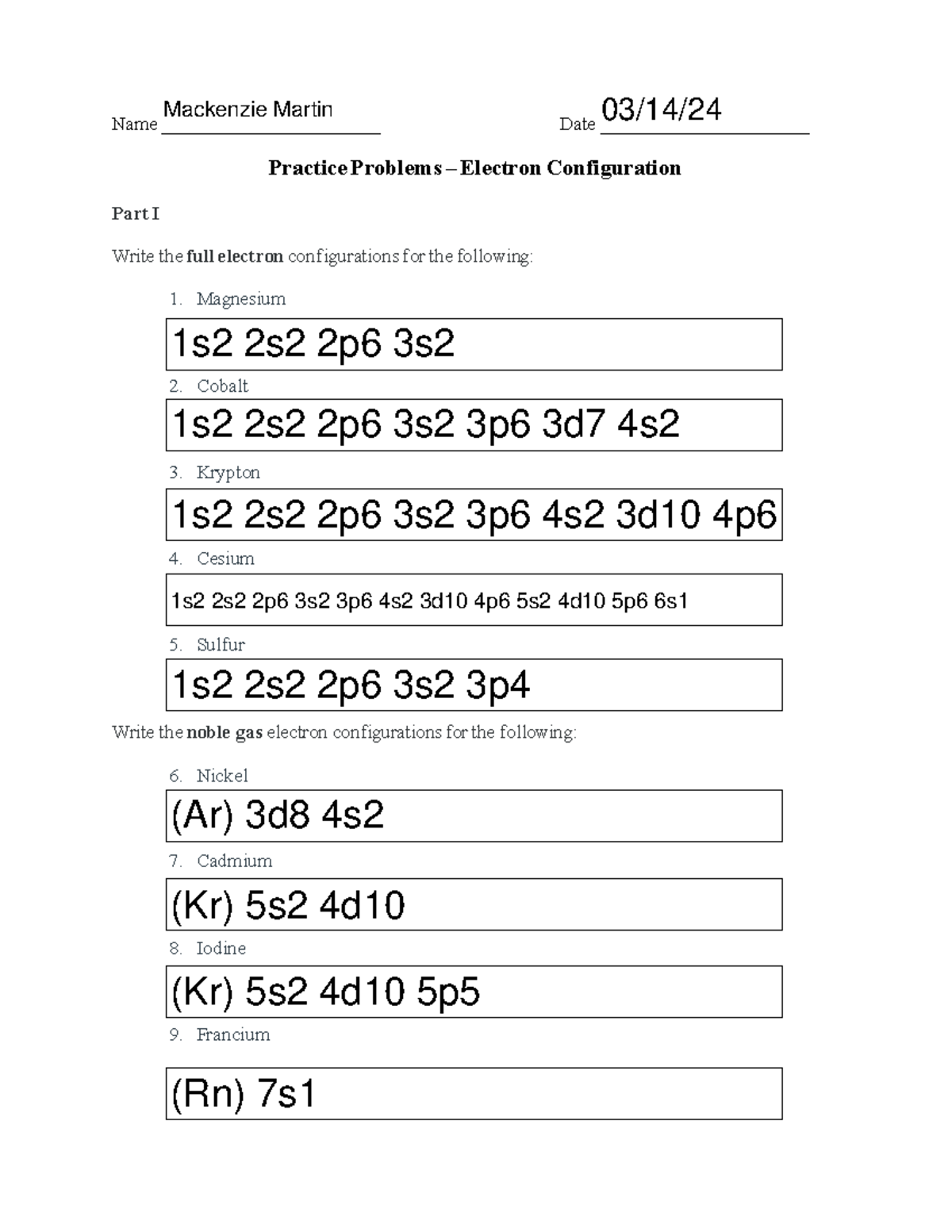 Practice Problems Electron Configuration Name