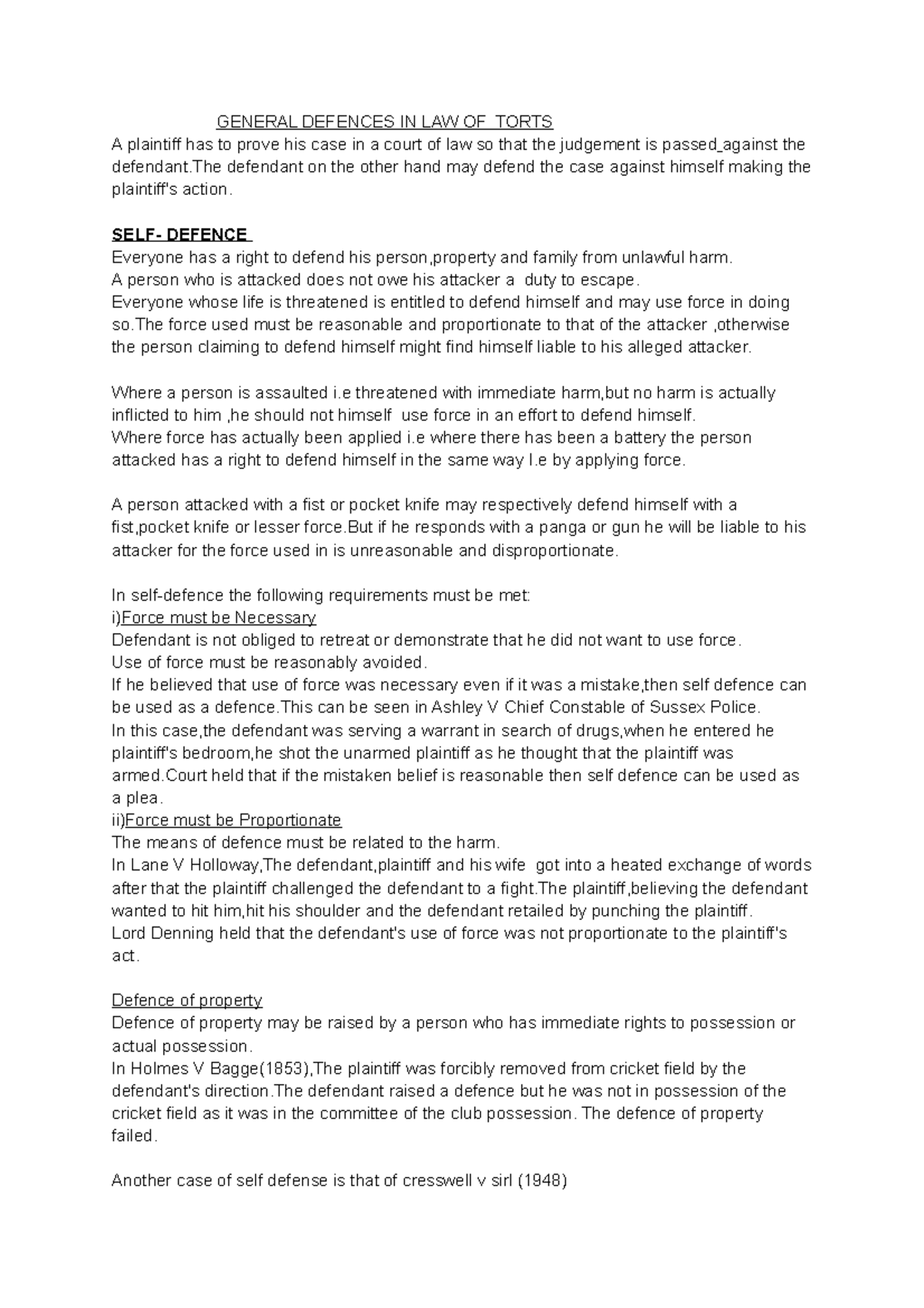 Self-defence and Mistake - GENERAL DEFENCES IN LAW OF TORTS A plaintiff ...