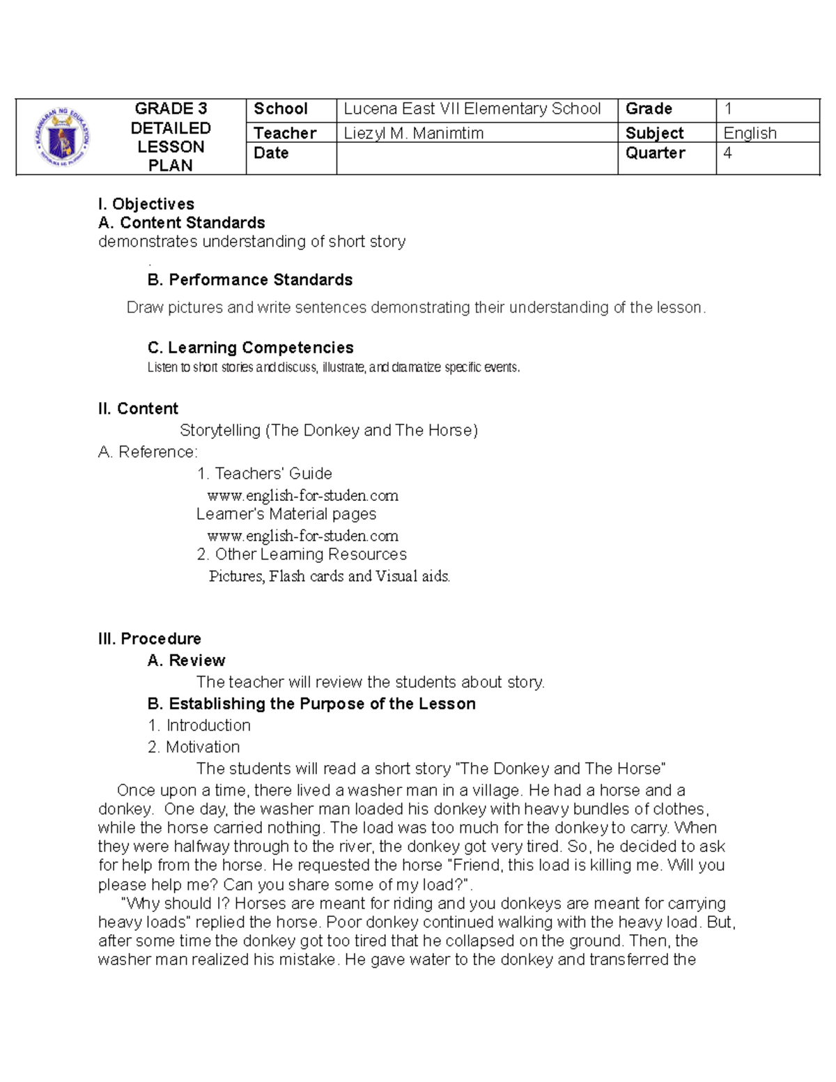 DLP- Storytelling - lesson plan - GRADE 3 DETAILED LESSON PLAN School ...