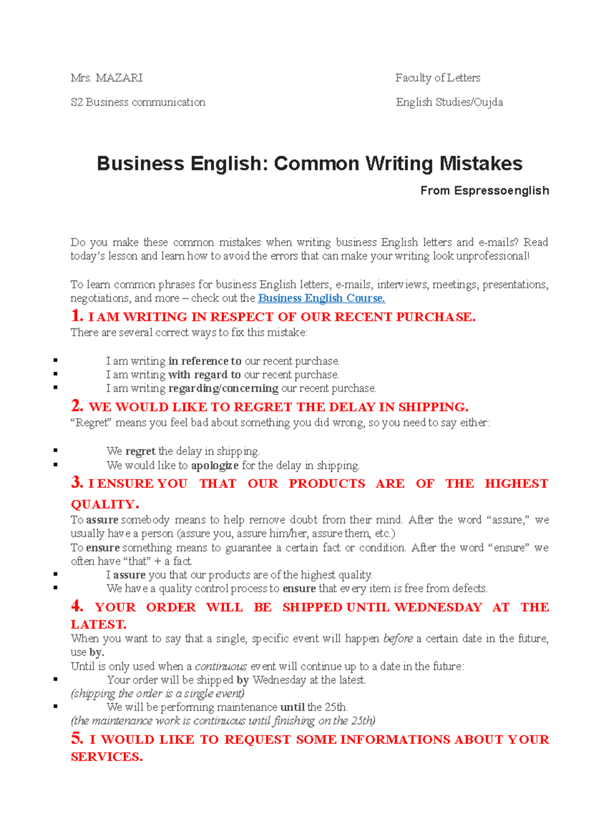 Business communication common writing mistakes - Mrs. MAZARI Faculty of ...
