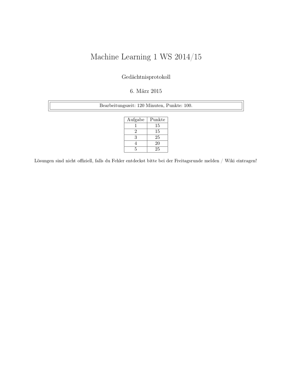 ML1 Exam WS 1415 1 - erinnerung - Machine Learning 1 - Studocu