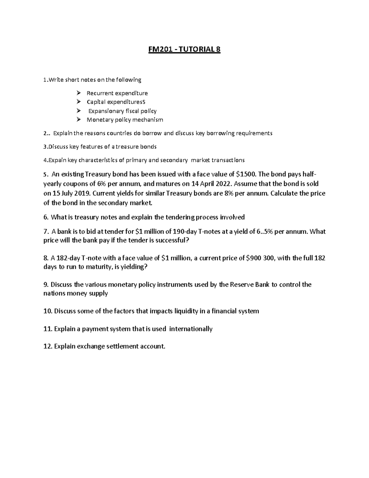 FM201 -TUT 8 - Tutorial - FM201 - TUTORIAL 8 1 short notes on the ...
