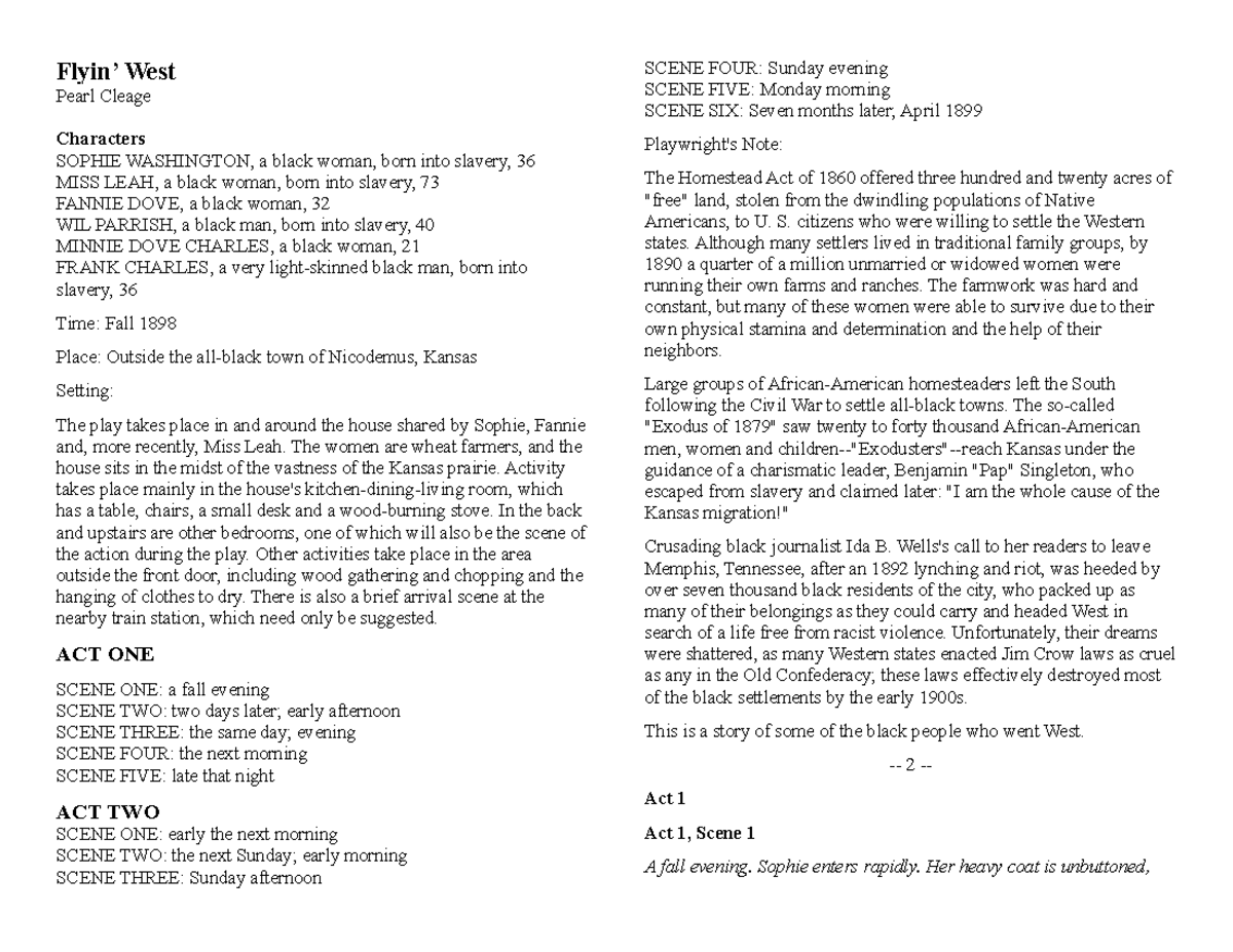 Flyin' West - West Pearl Cleage Characters SOPHIE WASHINGTON, a black woman, born into slavery ...