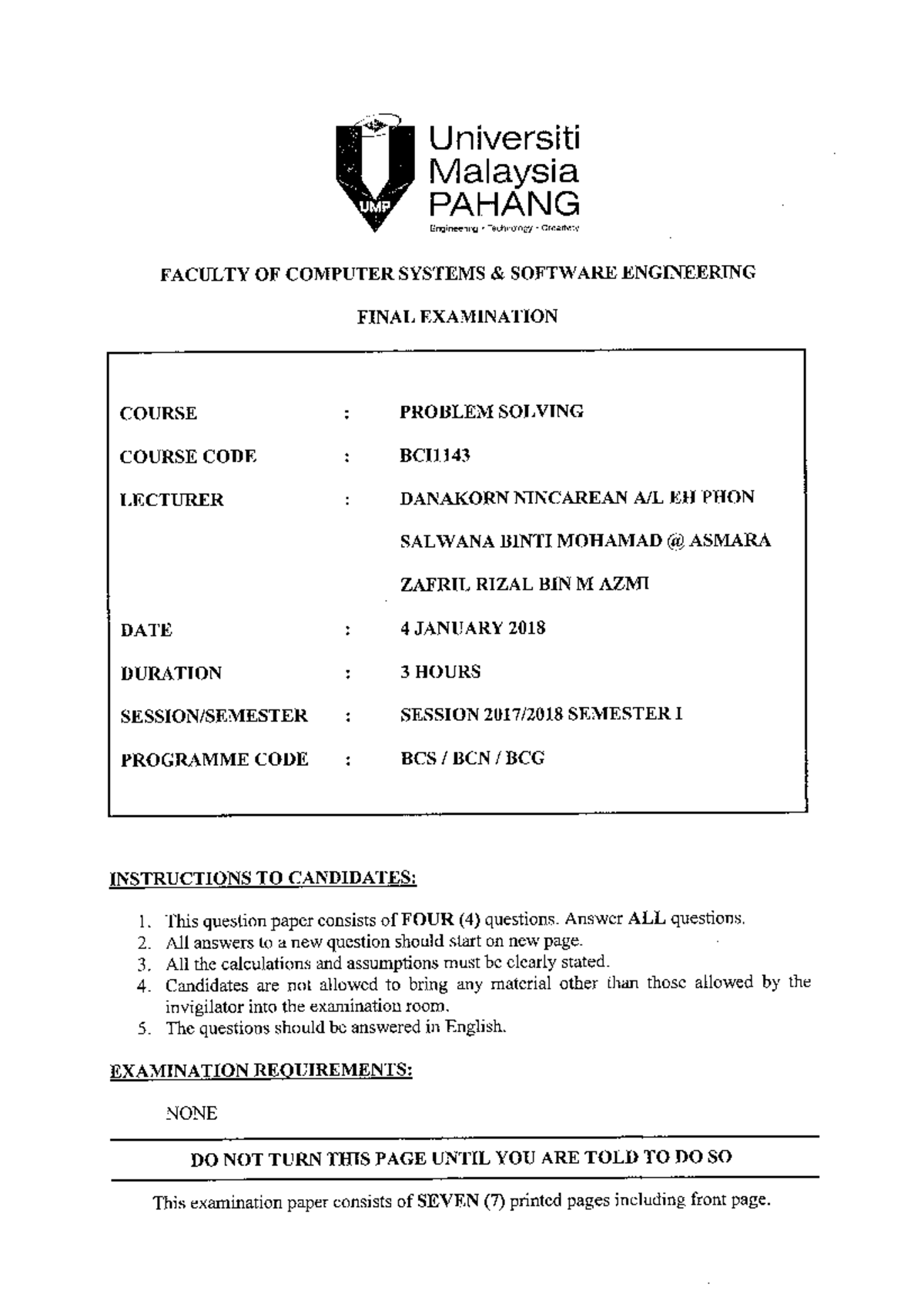 17 18 PART 2 - COURSE : PROBLEM SOLVING COURSE CODE : BC11143 DATE : 4 ...