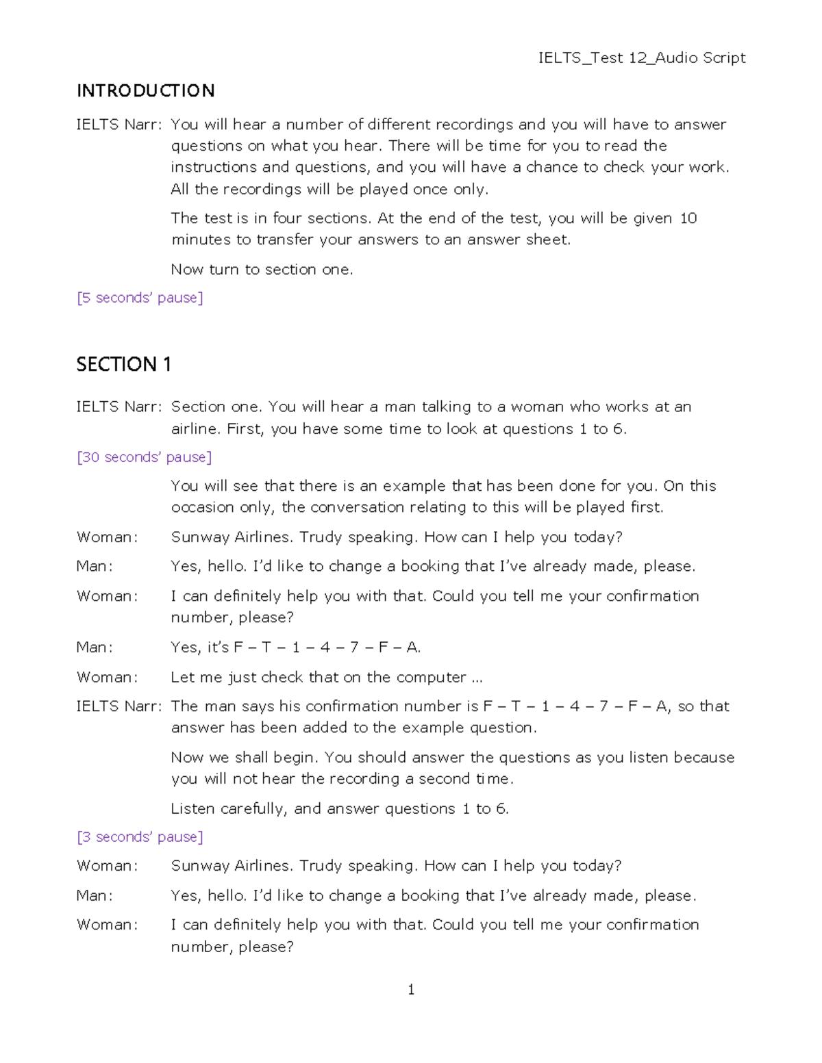 test1.12 scripts for listening test - INTRODUCTION IELTS Narr: You will ...