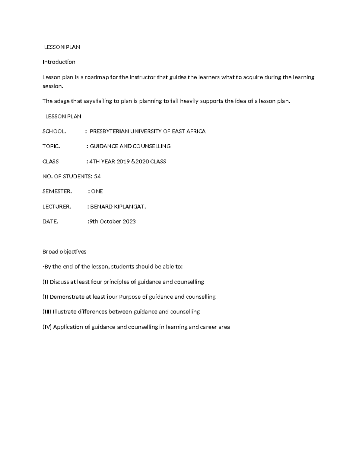 Lesson PLAN-WPS Office - LESSON PLAN Introduction Lesson plan is a roadmap for the instructor ...