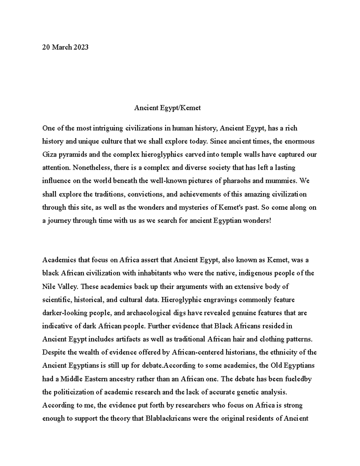 Assignment 4 Ancient Egypt Kemet - 20 March 2023 Ancient Egypt/Kemet ...
