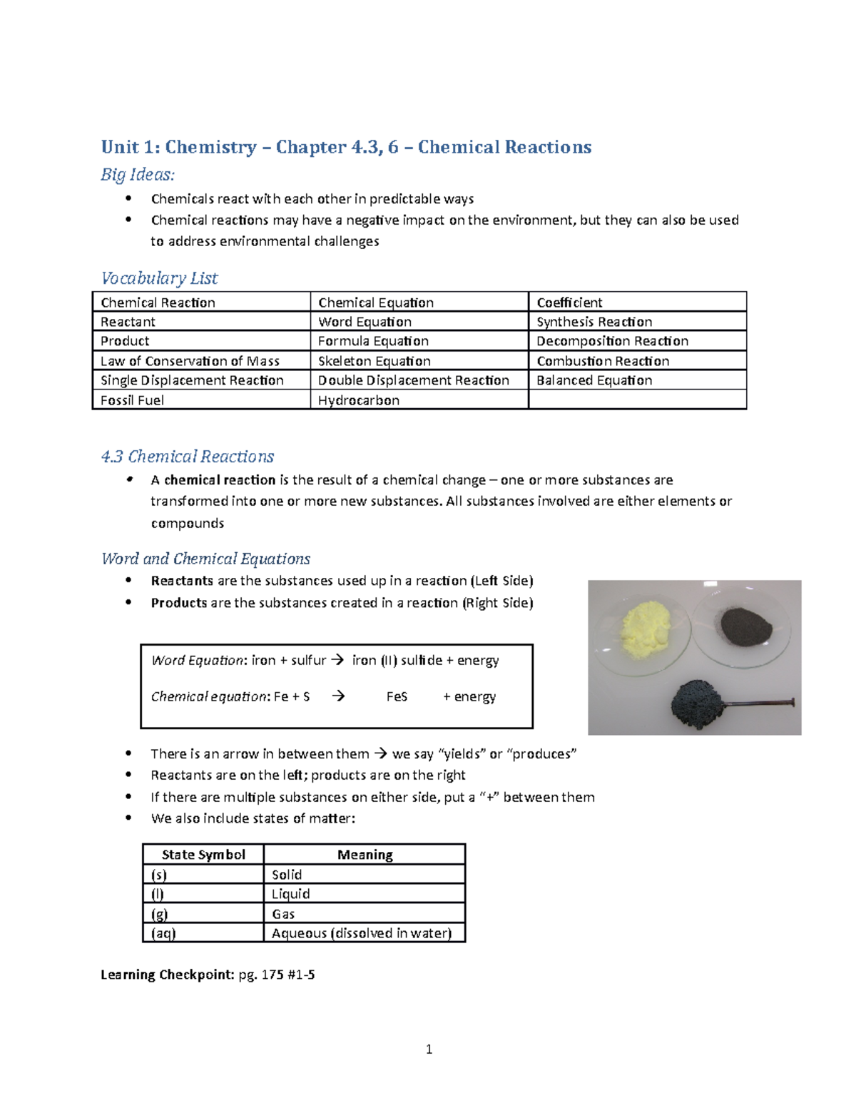Chapter-4 - Lecture notes 1-2 - Unit 1: Chemistry Chapter 4, 6 Chemical ...