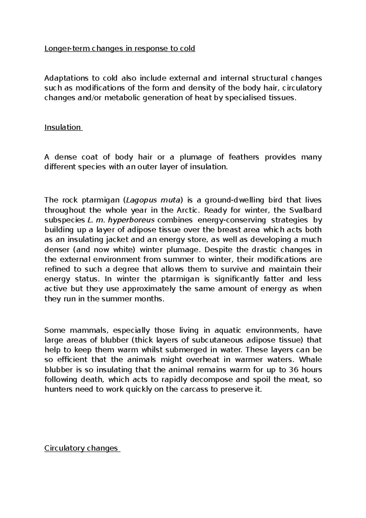 Longer term changes in response to cold - changes in response to cold ...