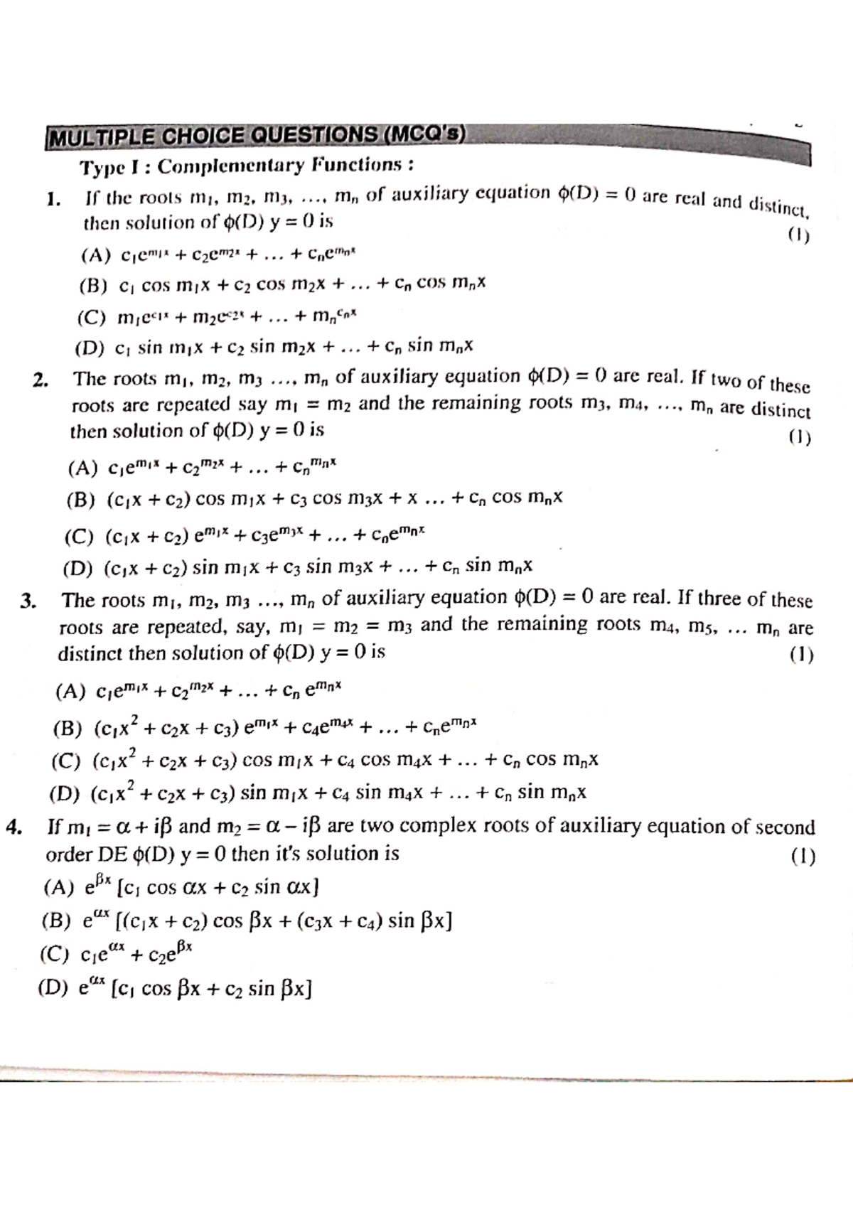 LDE MCQ (Complimentary Function) - Type I: Complementary Functions : 0 ...