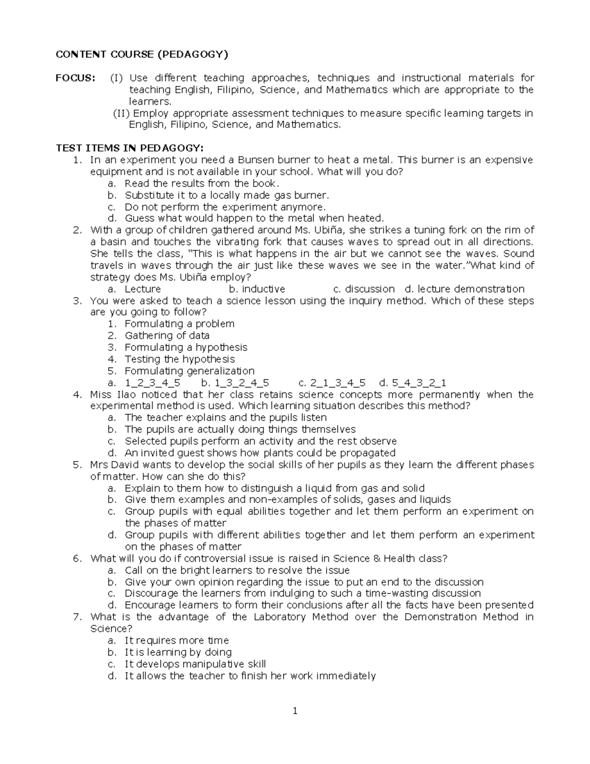 Content Course - CONTENT COURSE (PEDAGOGY) FOCUS: (I) Use different ...