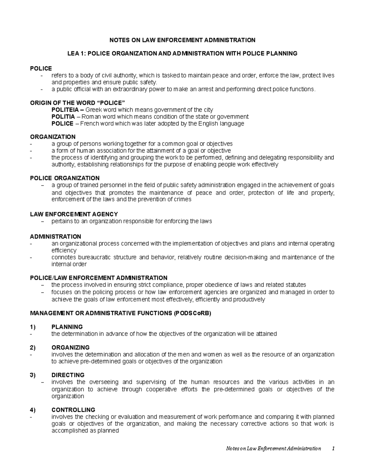 NEW LEA Review Materials - NOTES ON LAW ENFORCEMENT ADMINISTRATION LEA ...