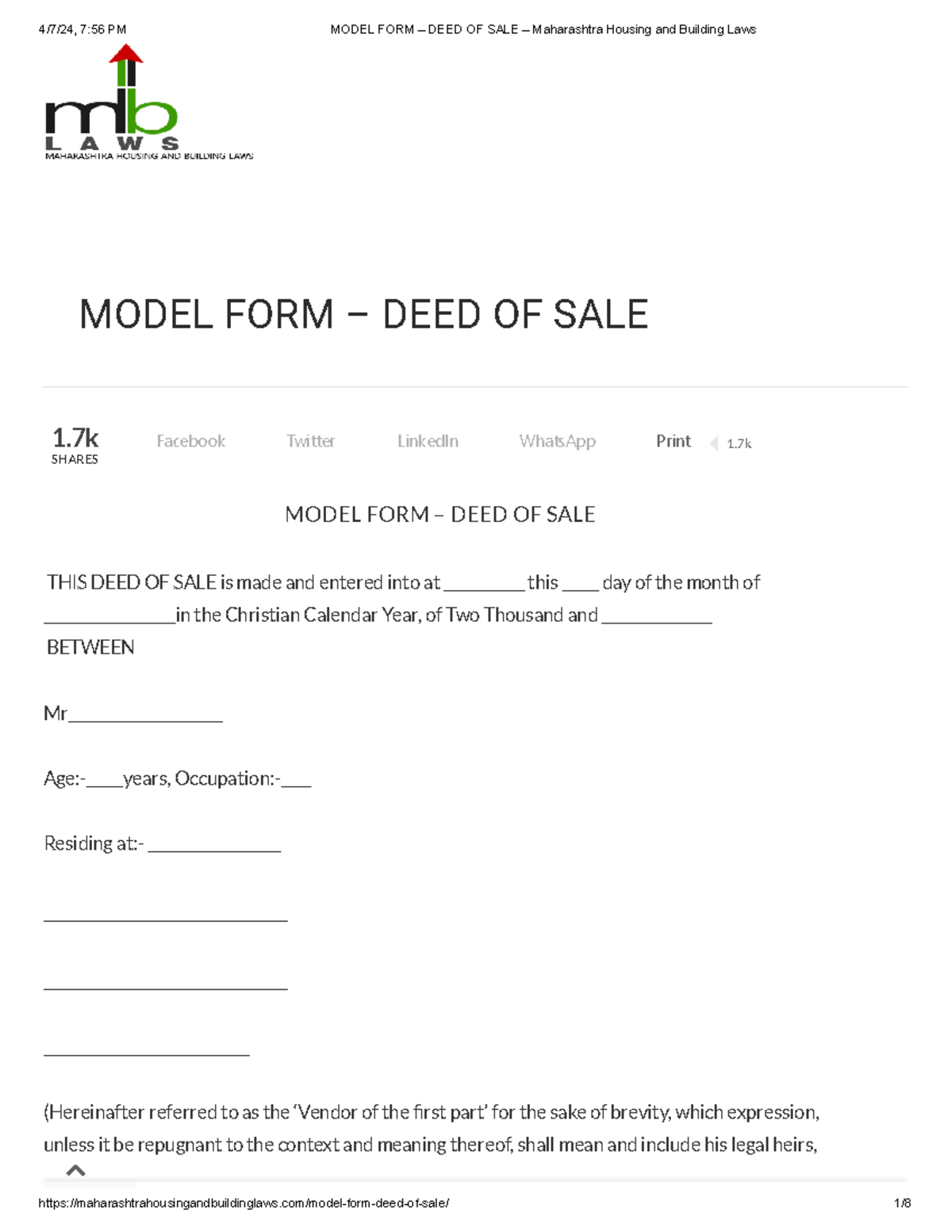 Model FORM – DEED OF SALE – Maharashtra Housing and Building Laws ...