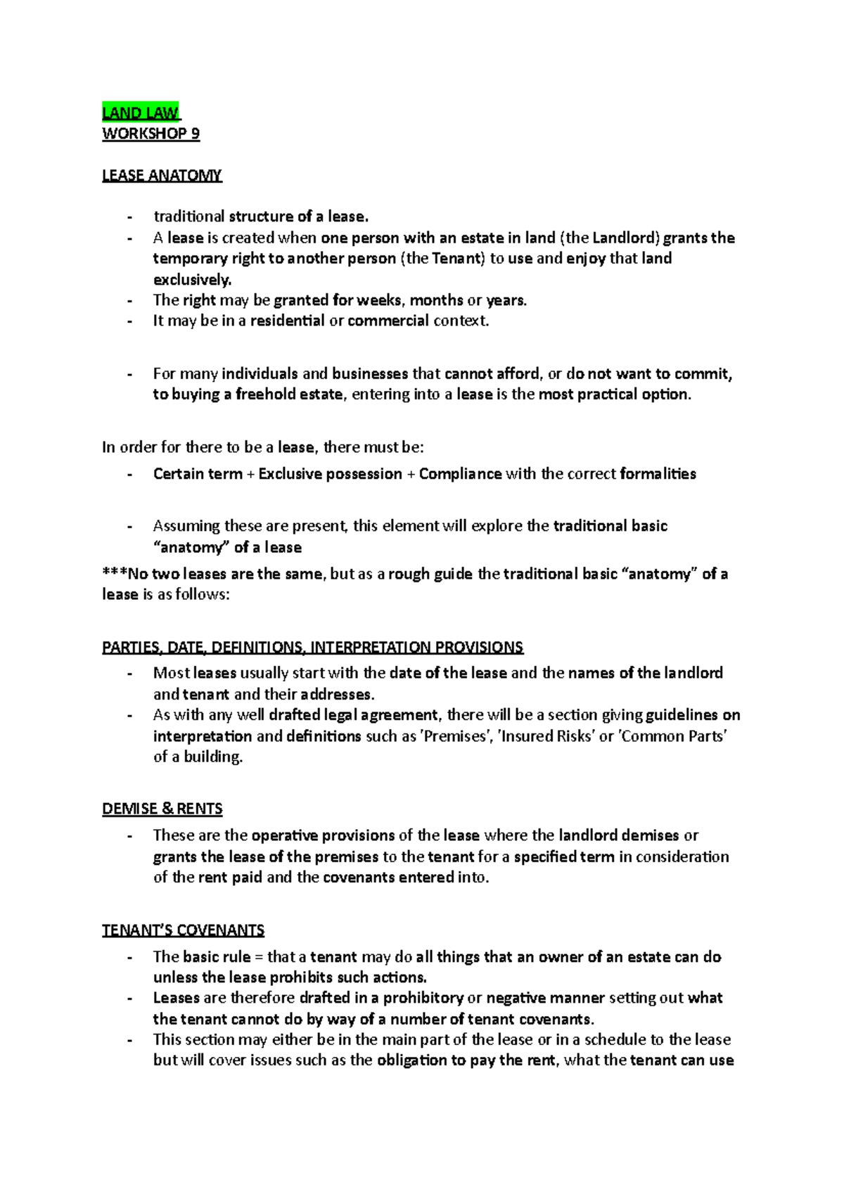 Lease Anatomy - LAND LAW WORKSHOP 9 LEASE ANATOMY traditional structure ...