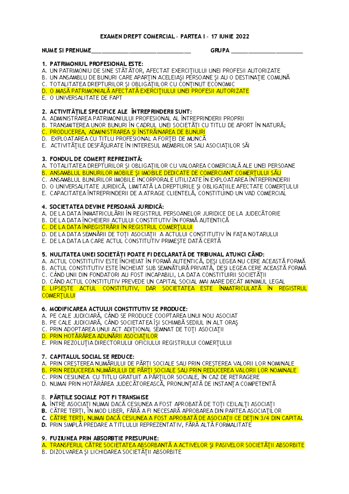 Barem Corectare Examen Drcom I - 17 iunie 2022 - EXAMEN DREPT COMERCIAL ...