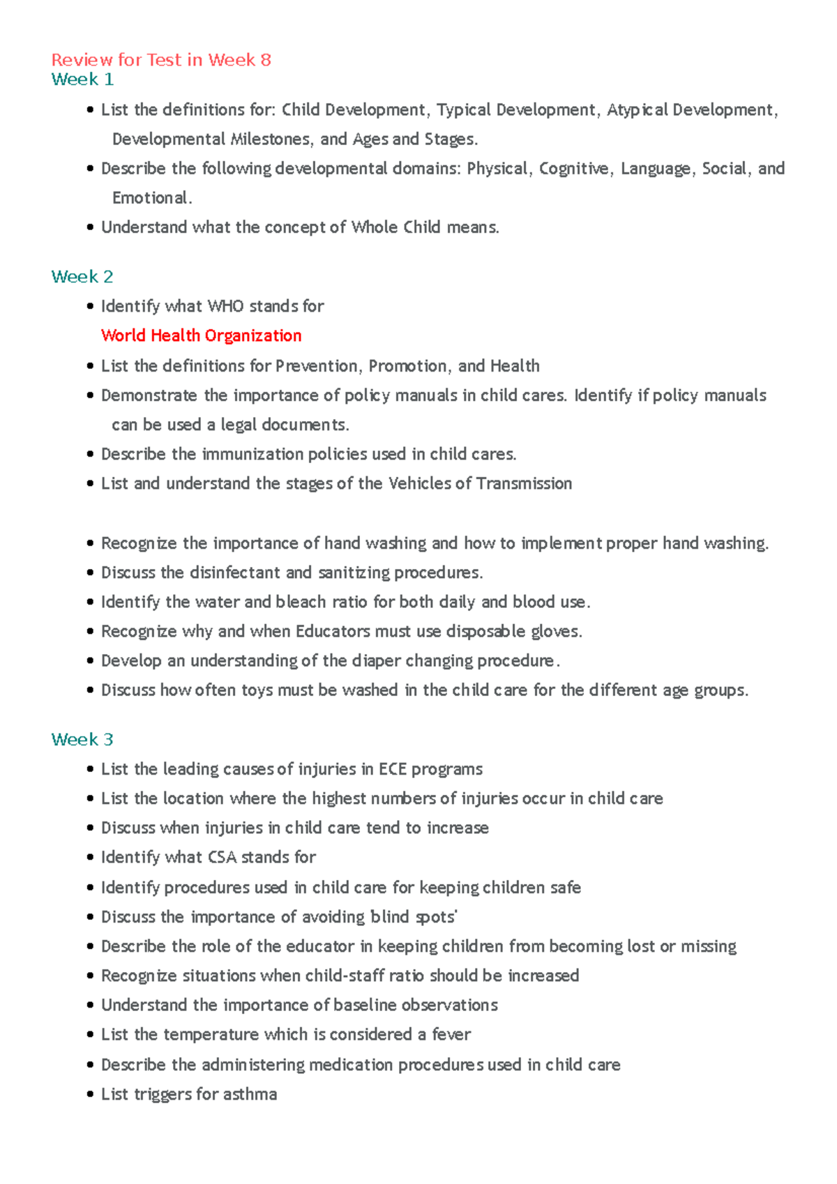 Review for Test in Week 8 - Describe the following developmental ...