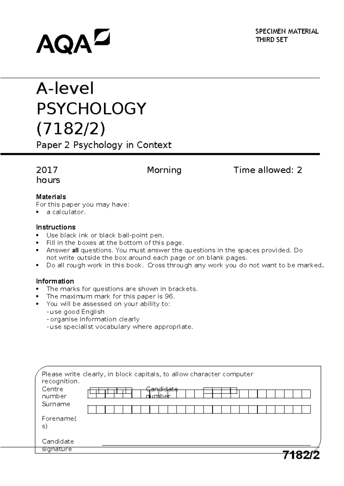 A-level Science Psychology (7182) Additional Specimen Assessment ...
