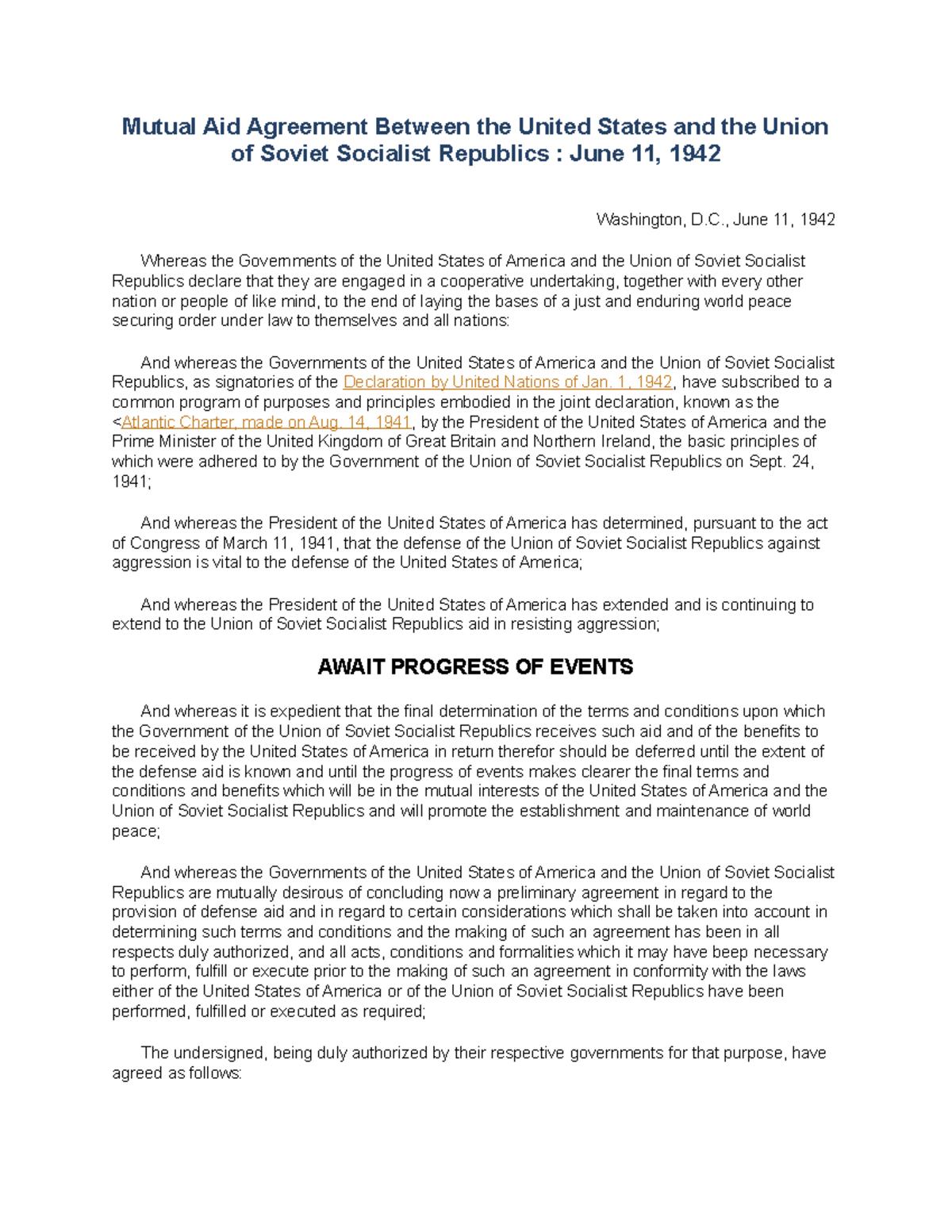 Mutual Aid Agreement Between the United States and the Union of Soviet ...