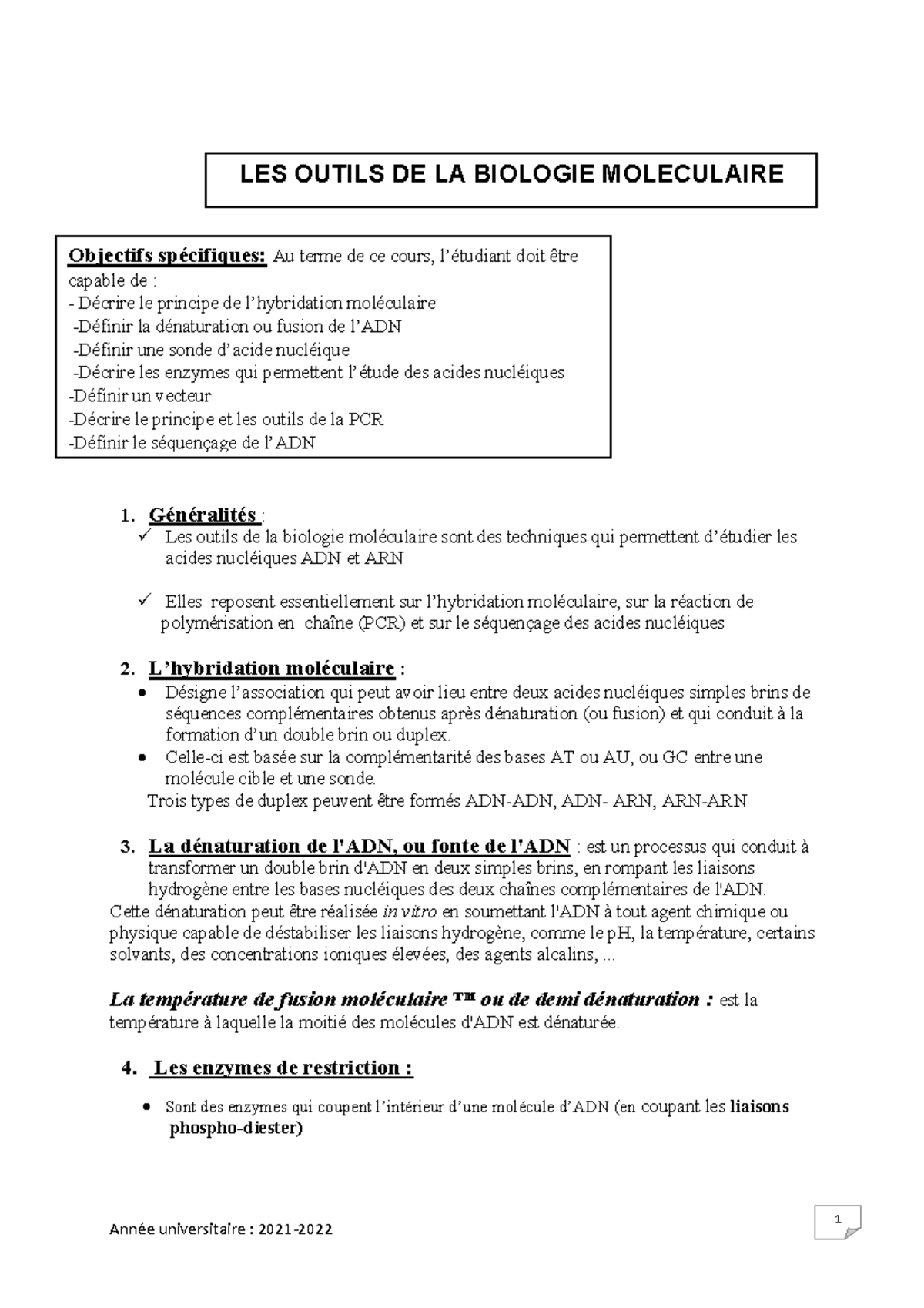 Les outils de la biologie moléculaire - 1. Généralités : Les outils de la biologie moléculaire ...