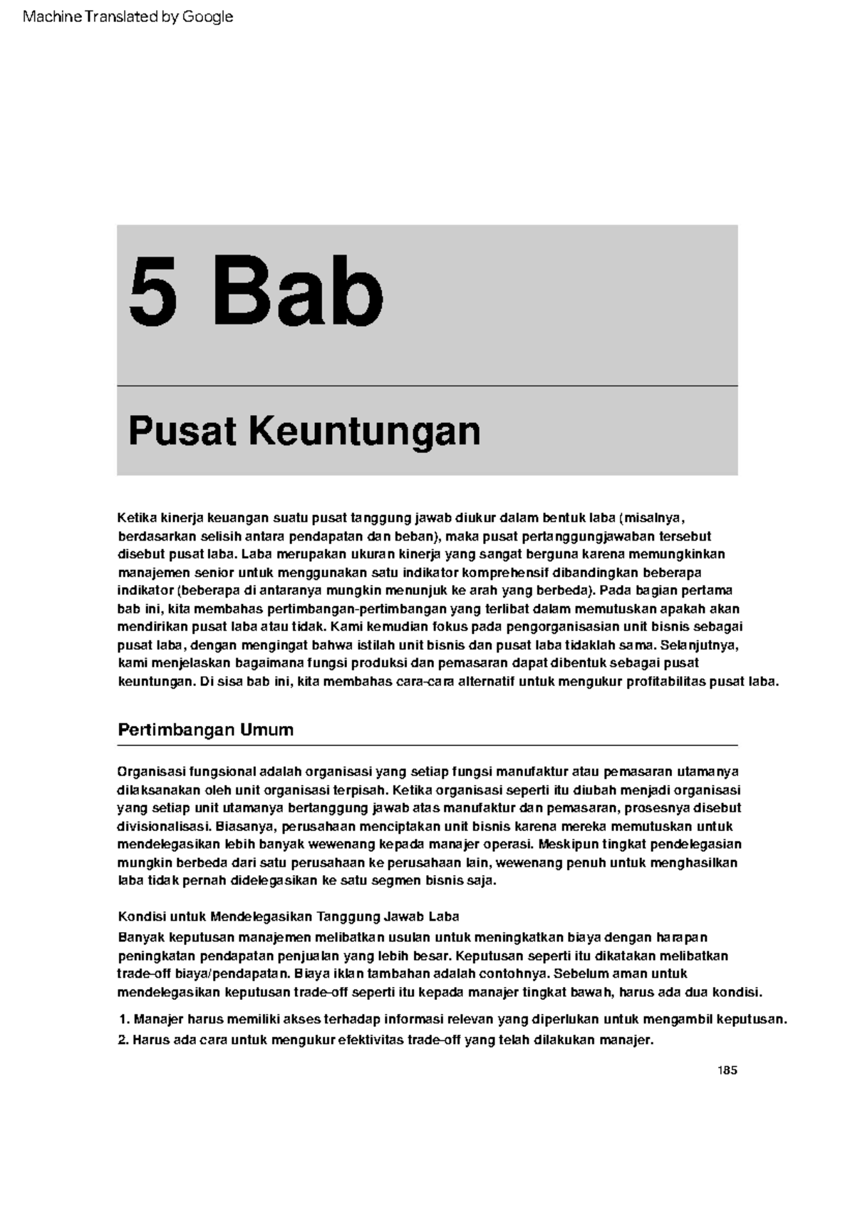 Ch 5 (IDN) - Buku Sistem Pengendalian Manajemen Chapter 5 - Pusat Keuntungan 5 Bab Pertimbangan ...