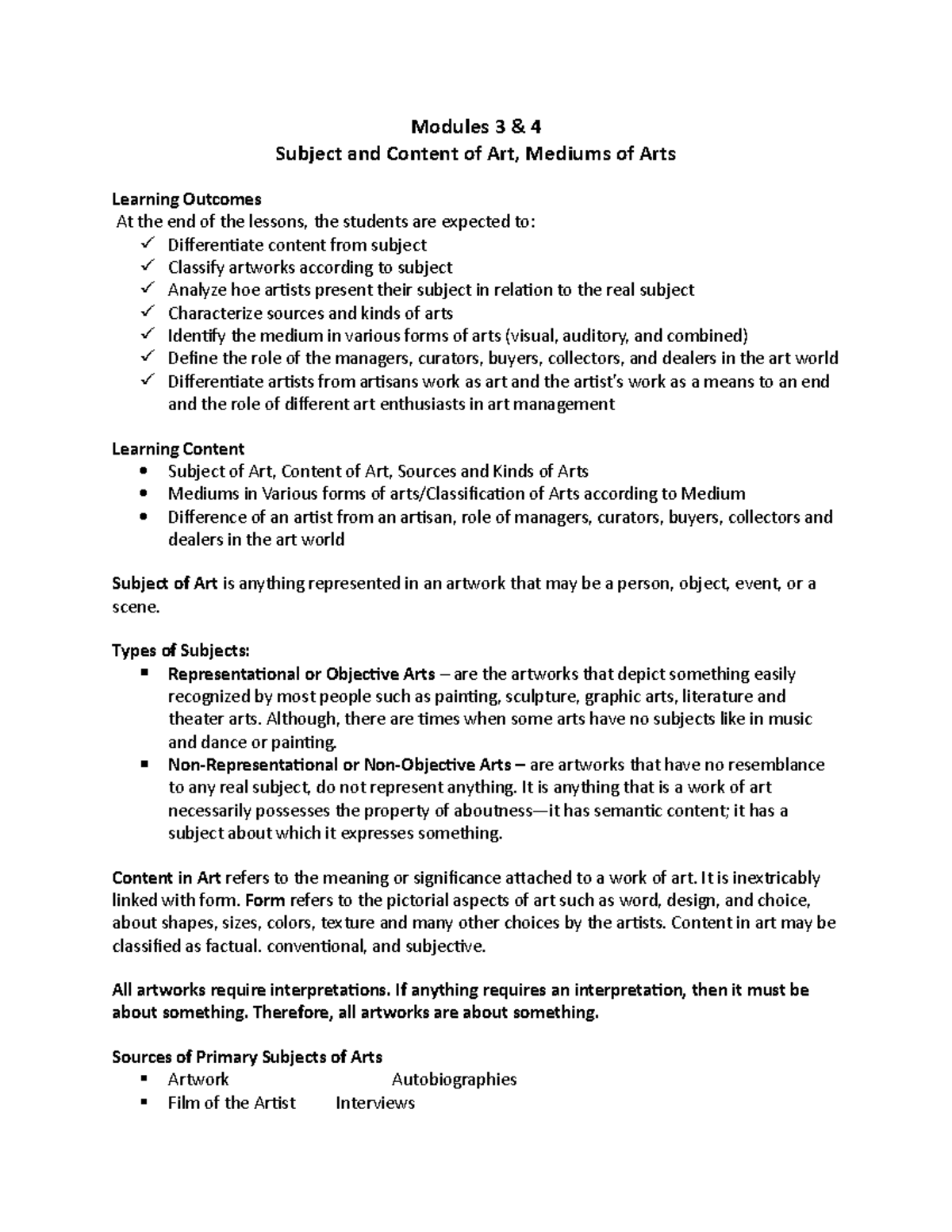 PUP 2 Subject, Content of Arts, Ga MABA - Modules 3 & 4 Subject and ...