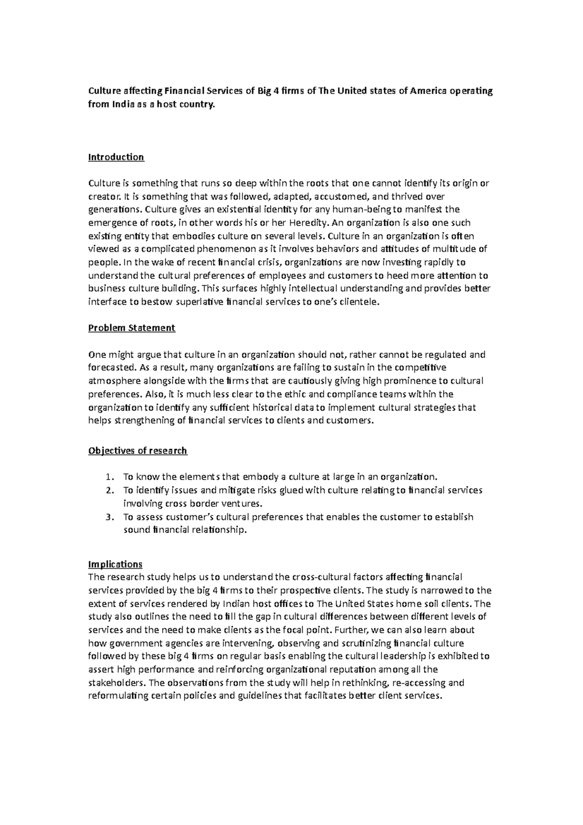 Project Synopsis Big 4 Accounting Firms - Organisation Culture ...