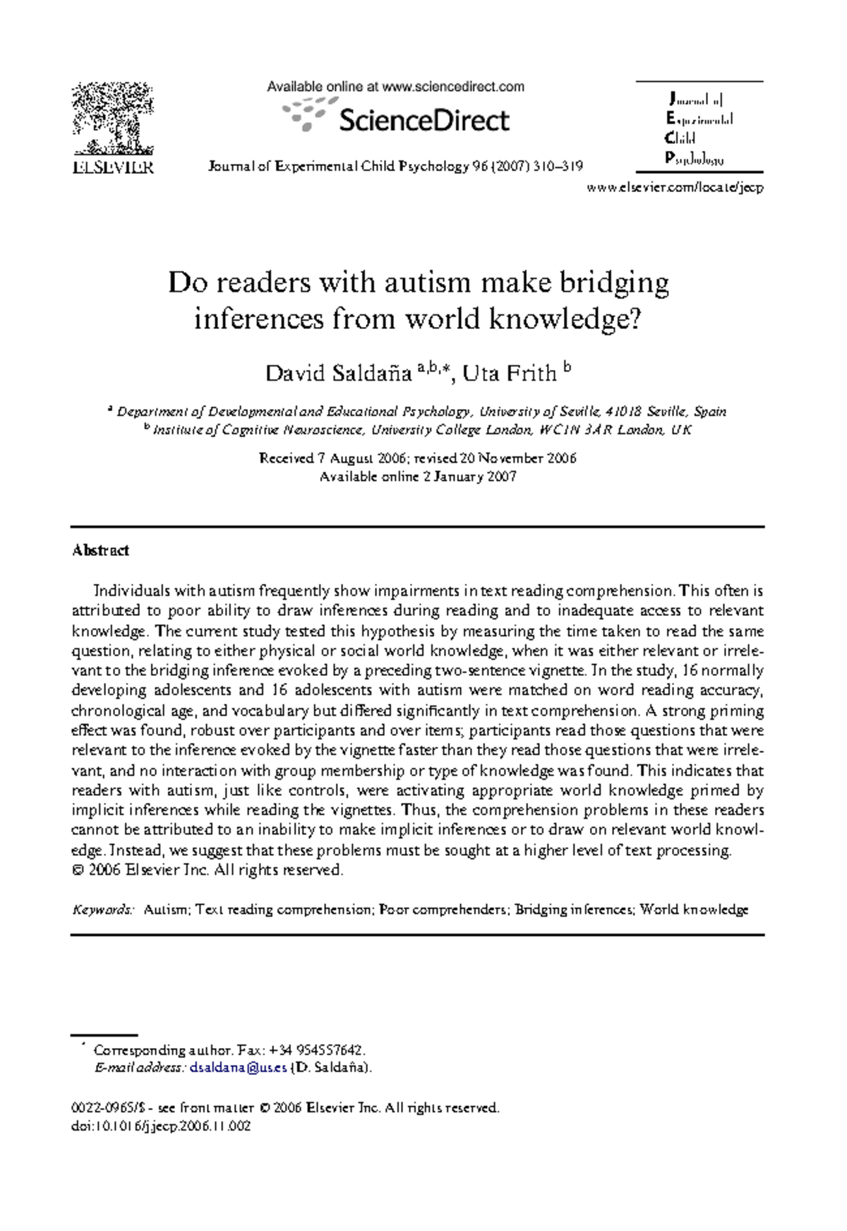 Do readers with autism make bridging inferences from world knowledge ...