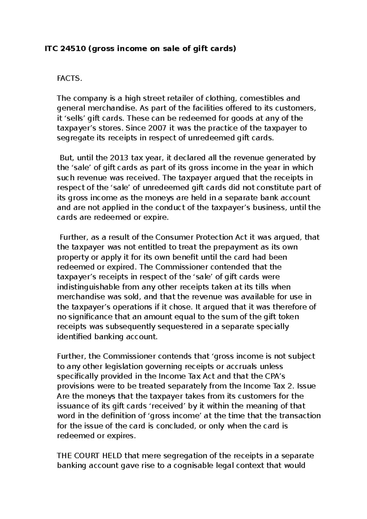 ITC CASE - CASE SUMMARY FOR THE ITC CASE ON GIFT CARDS - ITC 24510 ...