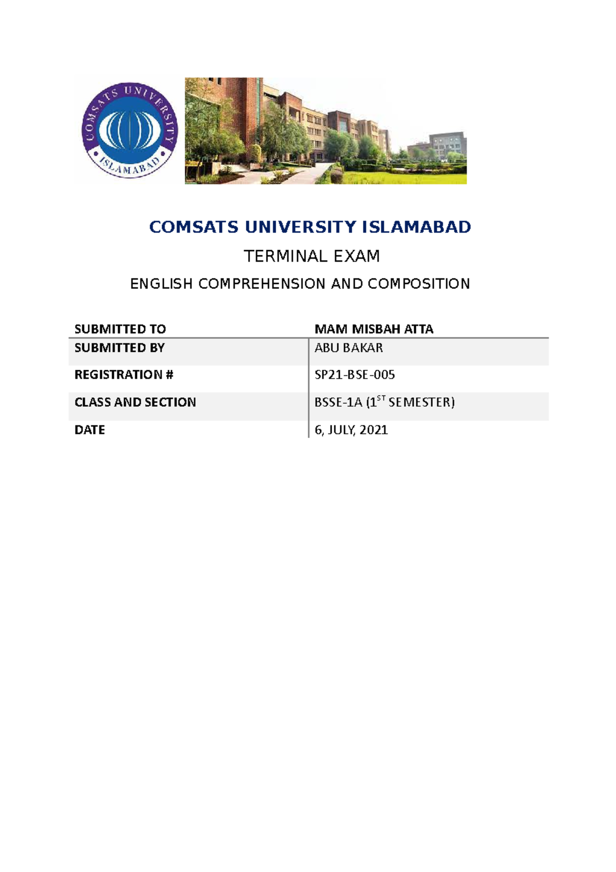 English Comprehension and Composition Terminal Exam - COMSATS ...