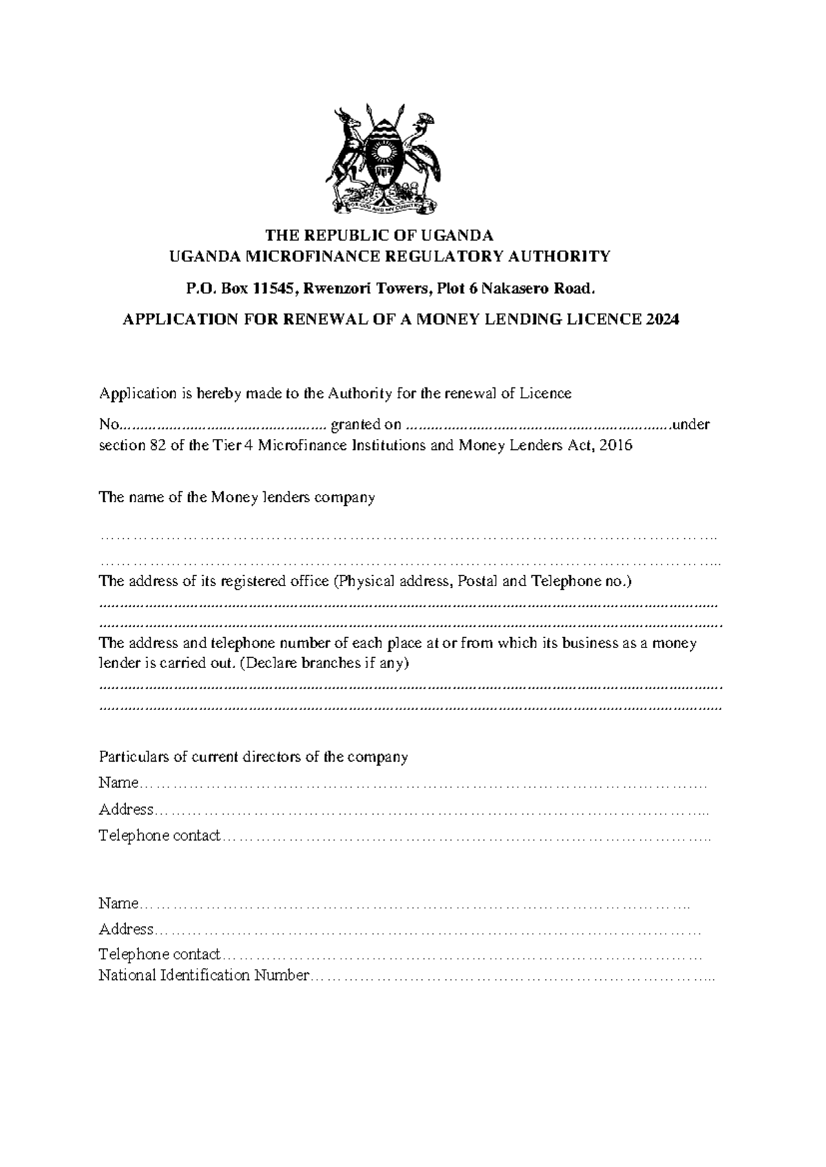 Money Lenders Renewal Application FORM 2023 - THE REPUBLIC OF UGANDA ...