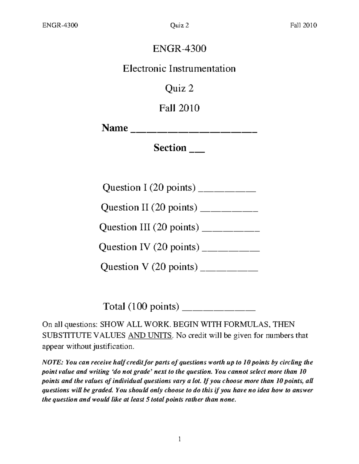ENGR 4300 Quiz 2 Solutions Fall 2010 - ENGR- Electronic Instrumentation ...